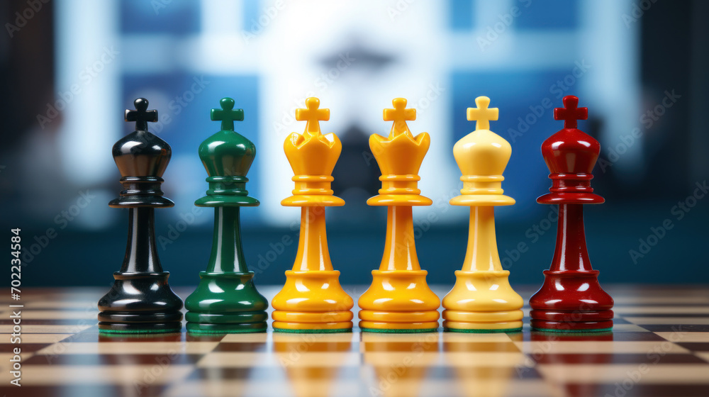 Vibrant chess pieces in black, green, yellow, and red are neatly ...