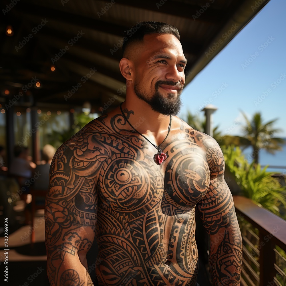 Polynesian style tattoo on a muscular and athletic man's body. Patterns ...