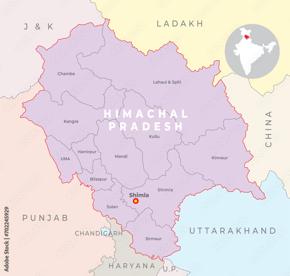 Himachal Pradesh district map with neighbour state and country Stock ...