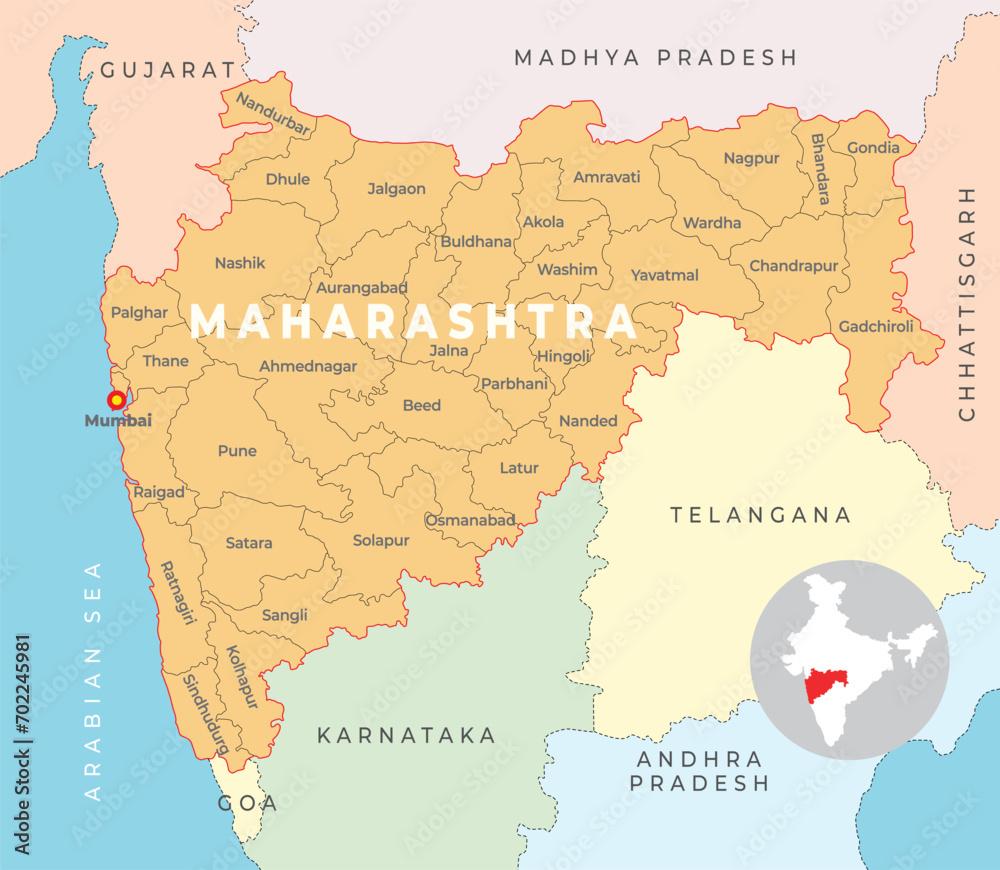 Maharashtra district map with neighbour state Stock Vector | Adobe Stock