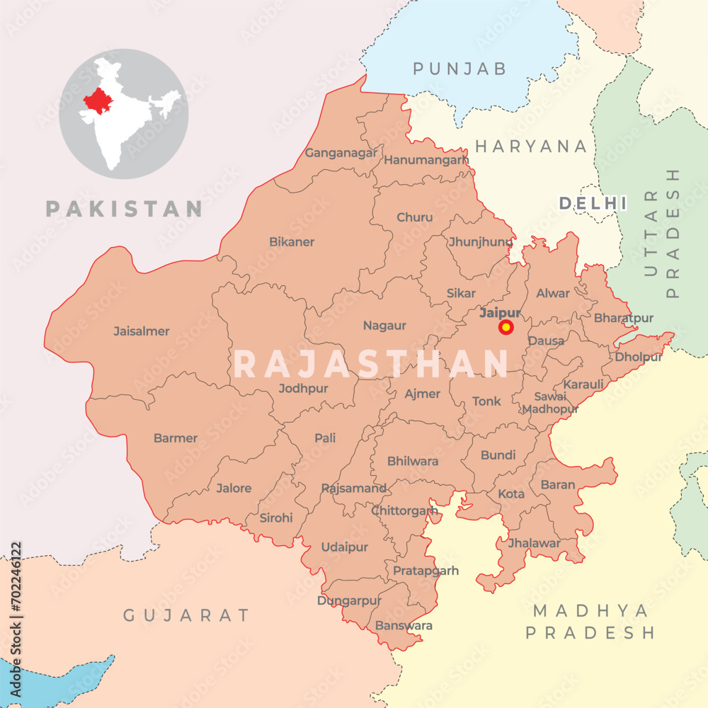 Rajasthan district map with neighbour state and country Stock Vector ...