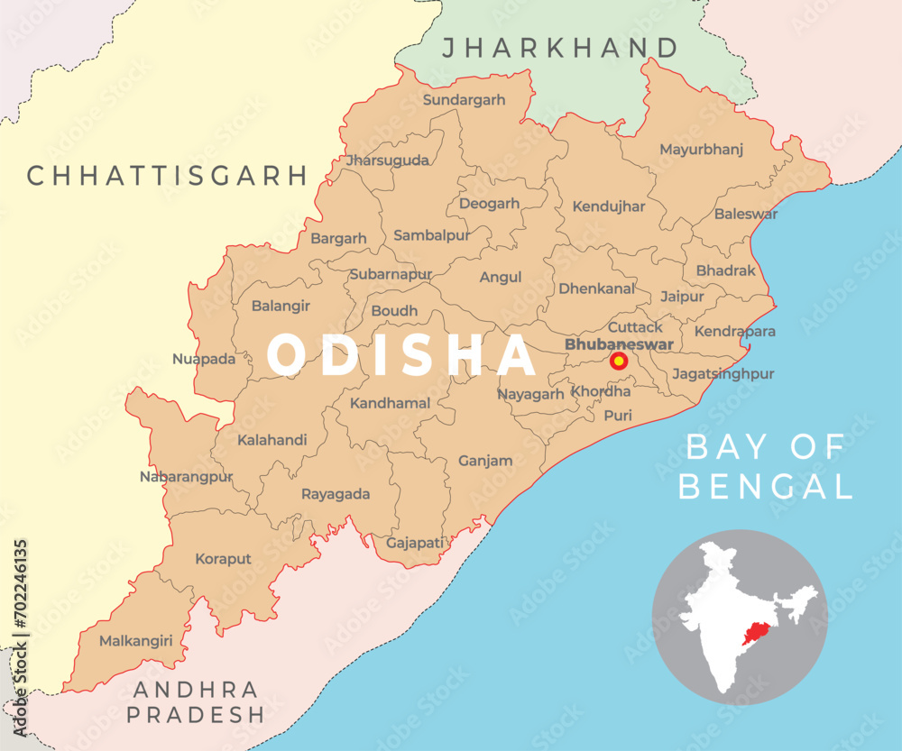 Odisha district map with neighbour state Stock Vector | Adobe Stock