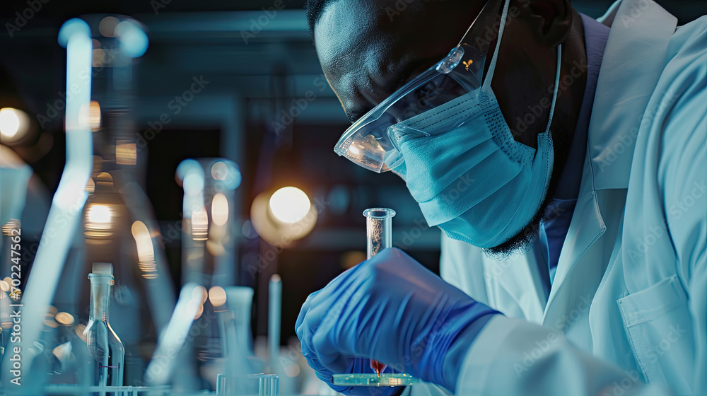 African American Male Scientist Wearing Face Mask and Glasses Looking a ...