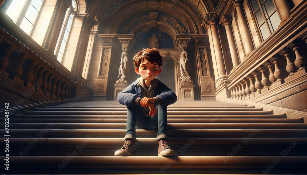A whimsical, animated art style depiction of a young person sitting on ...