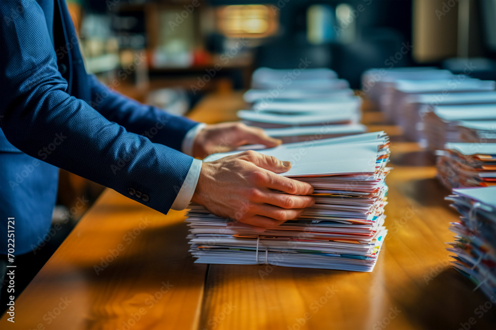 The hands of a male office worker in a classic suit are sorting through ...