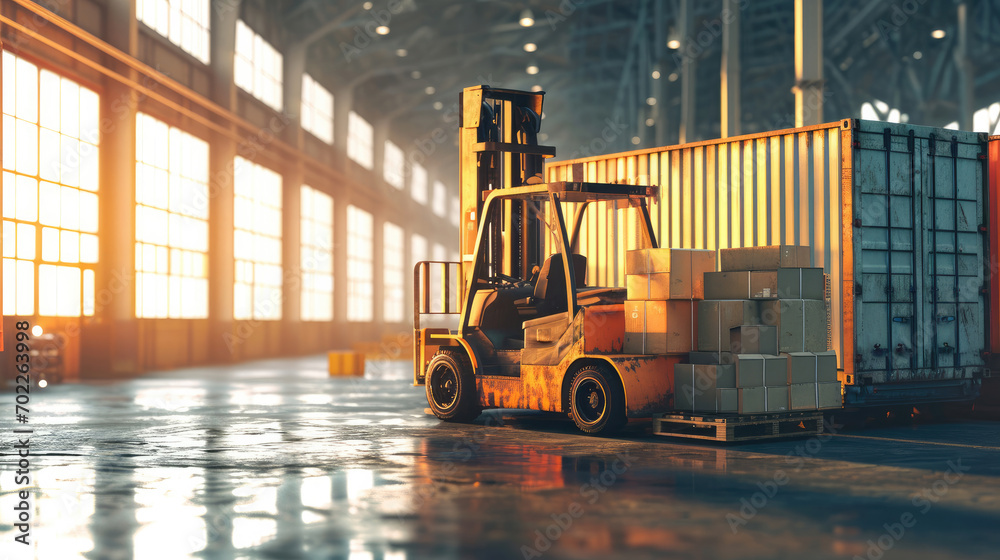 Forklift Tractor loading package boxes into shipping container at dock ...