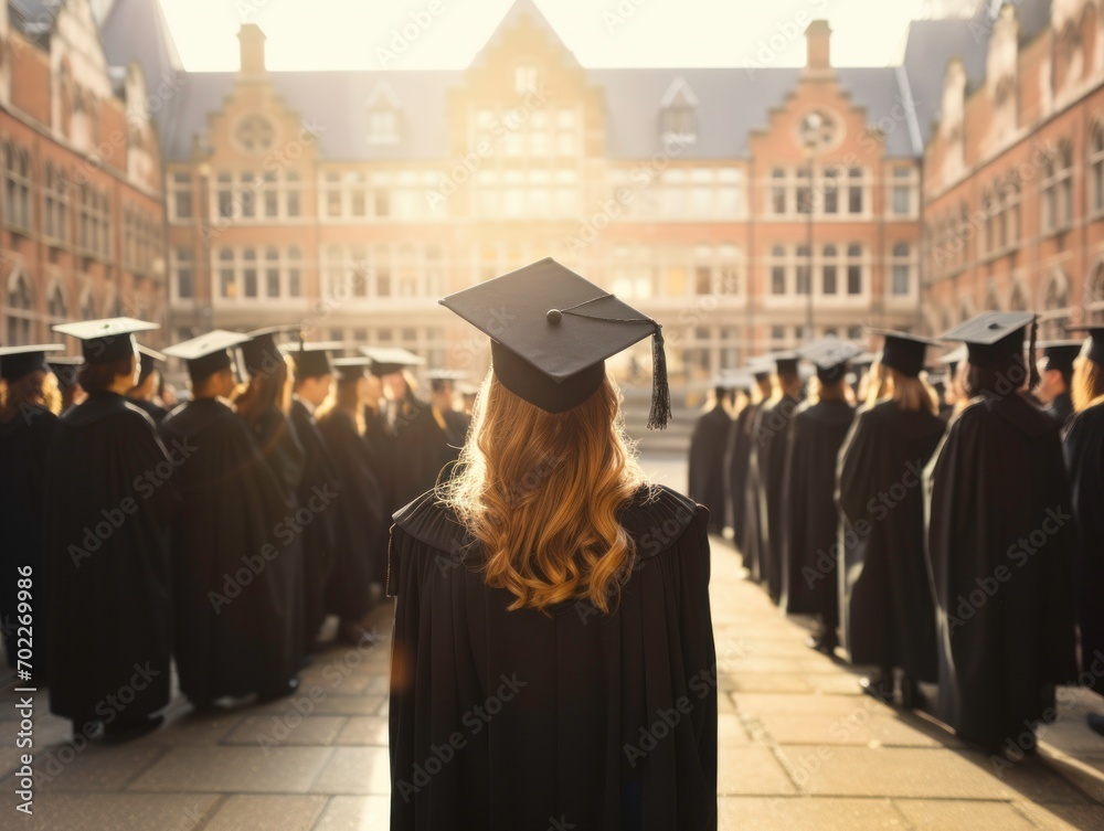 Commencement Day Elegance: Rear View of University Graduates Wearing ...