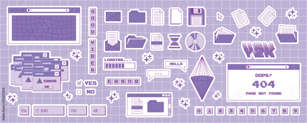 Big set of stickers in the trendy y2k style. Old computer aesthetics ...