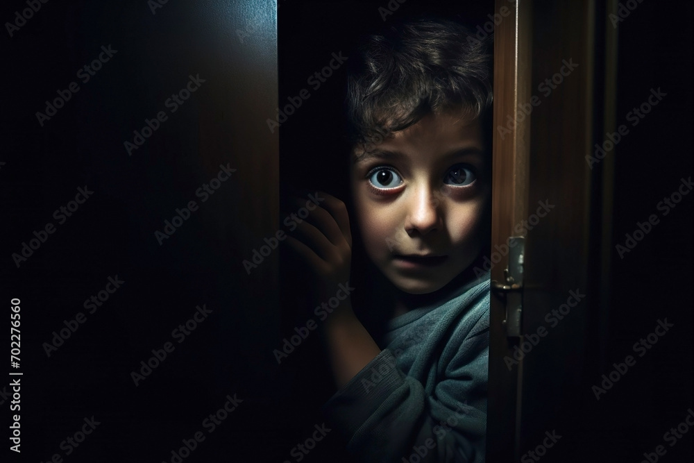 Scared boy in a dark room peeking out of the closet. A boy alone in the ...