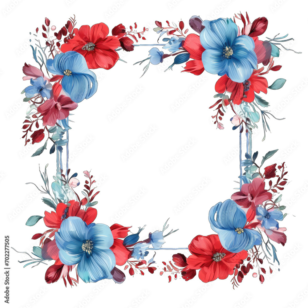 Floral graphic frame with red and blue flowers, transparent background ...