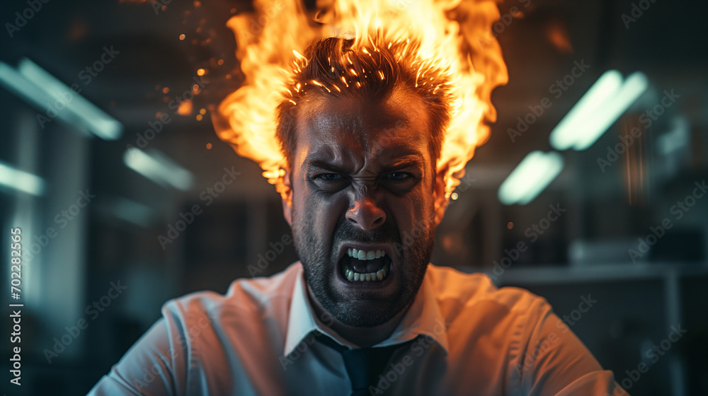 Hot Head Businessman in Angry Mood and Emotion with Fire on head in ...