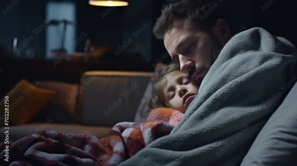 man take care of little ill daughter. Sick child lying on bed under ...