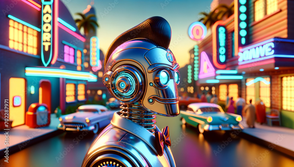 Poster A whimsical, animated depiction of a retro-futuristic cyborg in ...