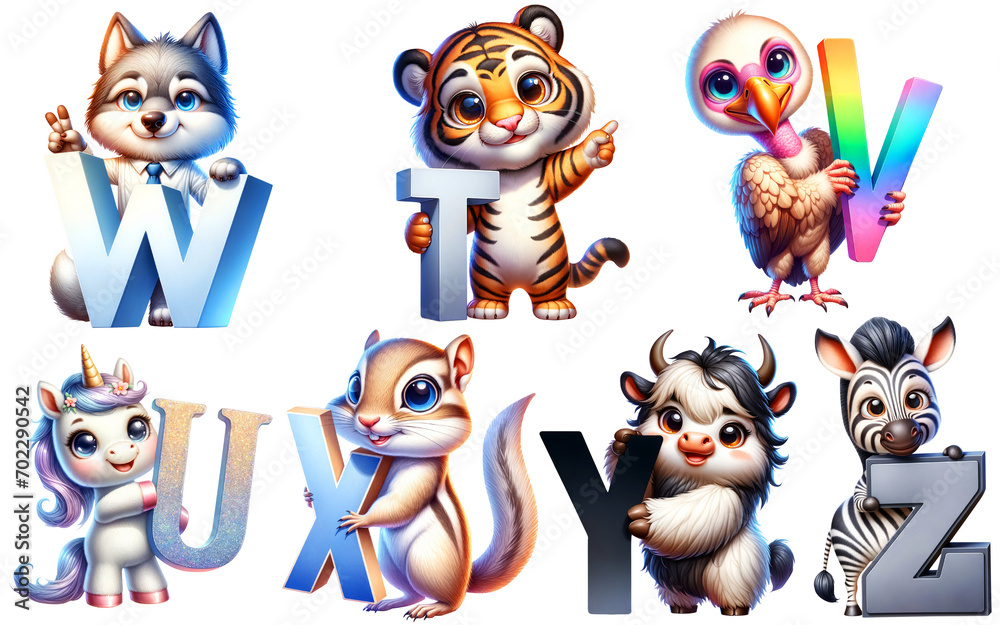 Cute Animals Alphabet Watercolor Clipart Transparent Designs, TUVWXYZ ...