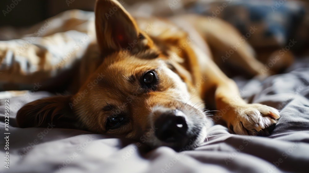 Adorable dog peacefully taking a nap on a bed, casting a sweet gaze at ...