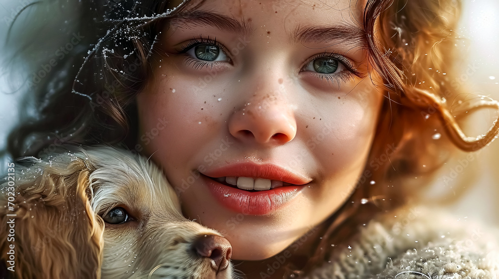 Beautiful girl with a dog in the winter forest. Portrait of a girl with ...