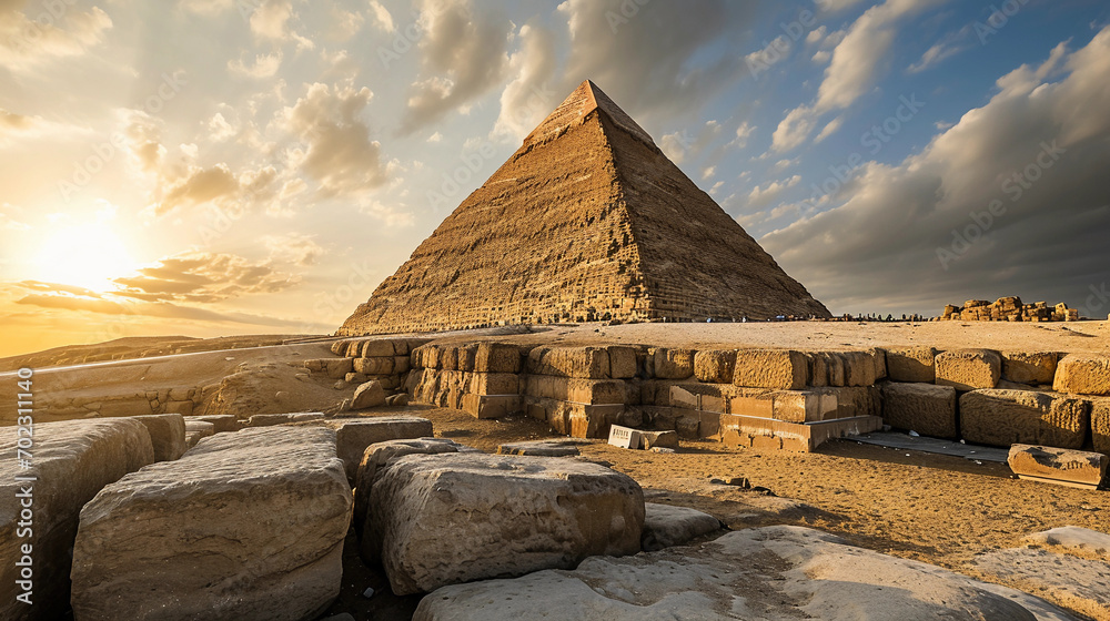 Great Pyramid of Giza, shot at sunset, golden hues casting dramatic ...