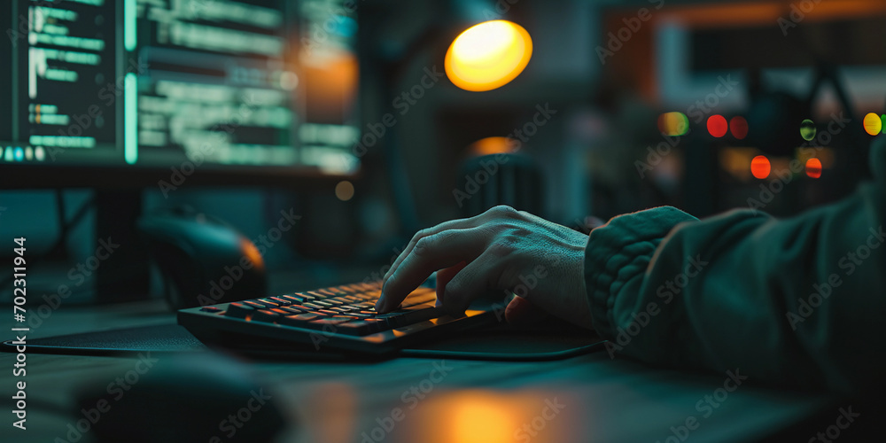 cybersecurity expert's hand on a mouse, screen showing firewall ...