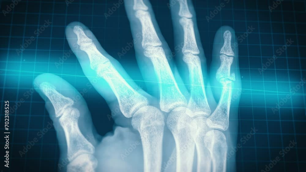 x-ray scan in progress - human hand with pinky finger broken phalanx ...