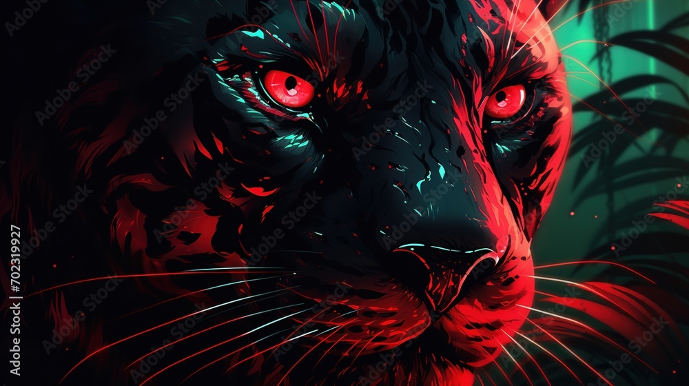 Abstract Panther close-up in red Neon lighting, green eyes, 3D, Banner ...