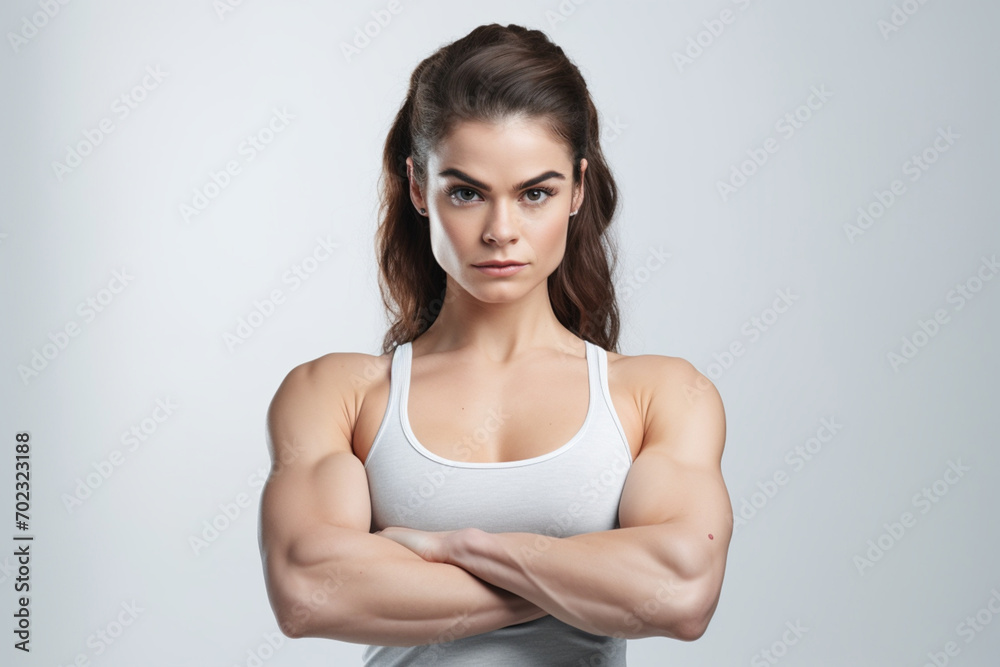Strong woman. Beautiful young woman showing her muscularity and looking ...
