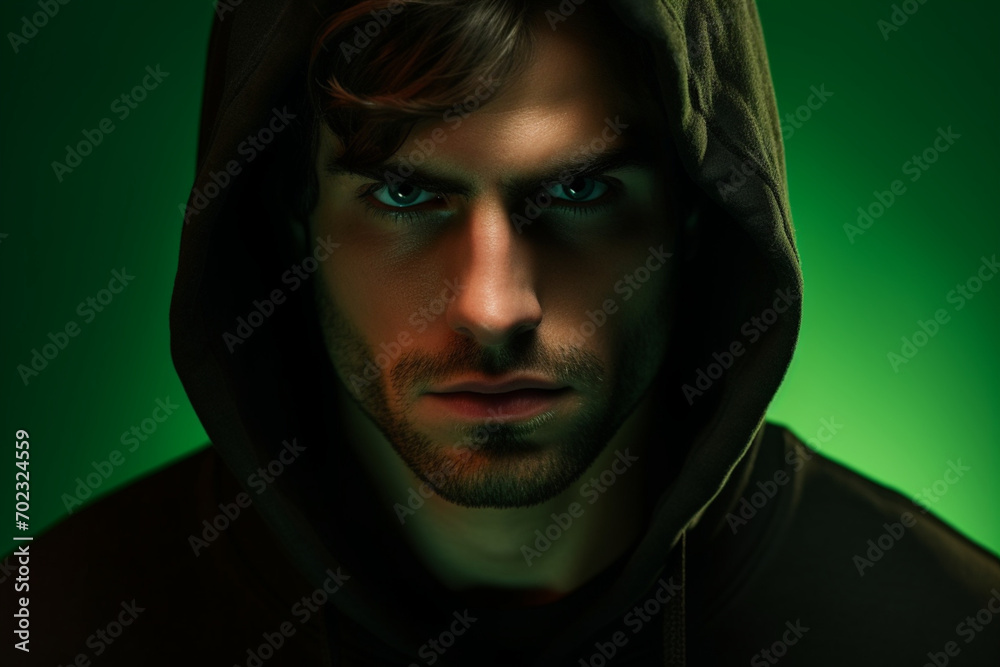 Studio portrait of a brutal brunette man looking intently and ...