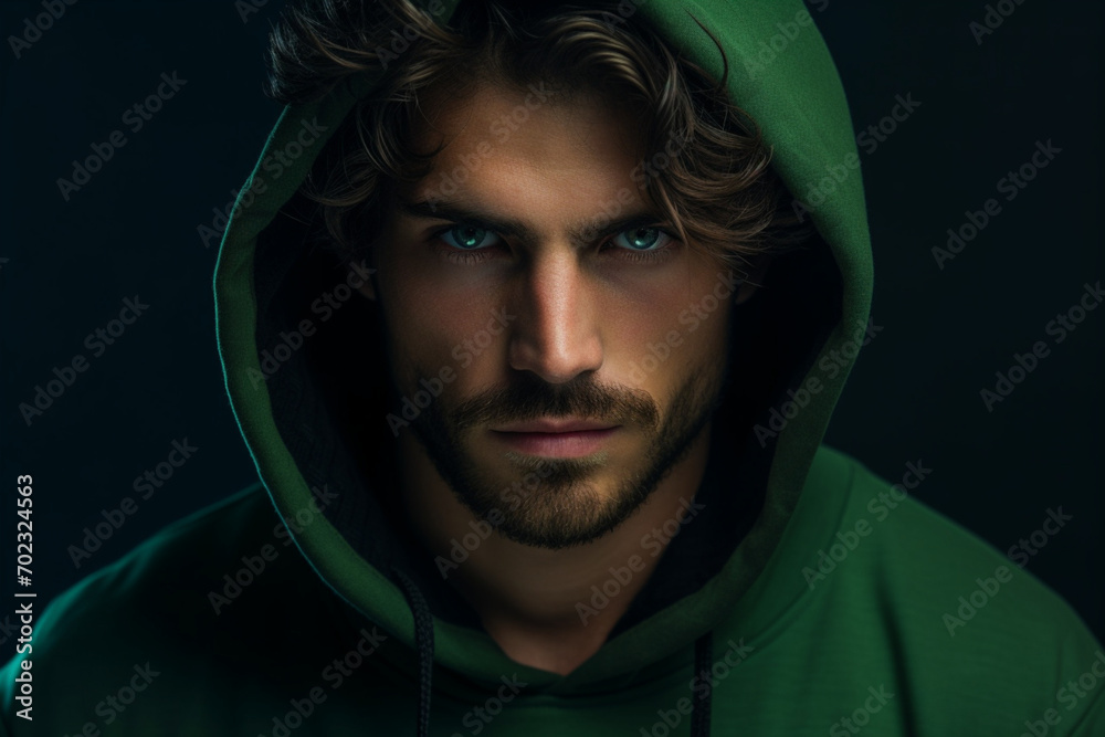 Studio portrait of a brutal brunette man looking intently and ...