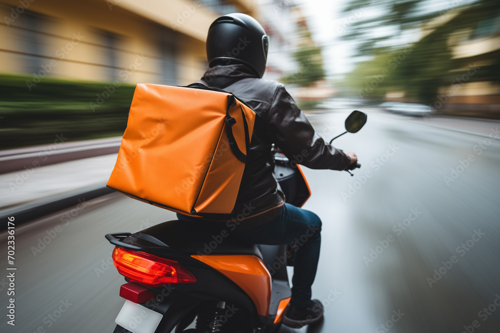 delivery man with orange rectangular backpack on moped, back view ...