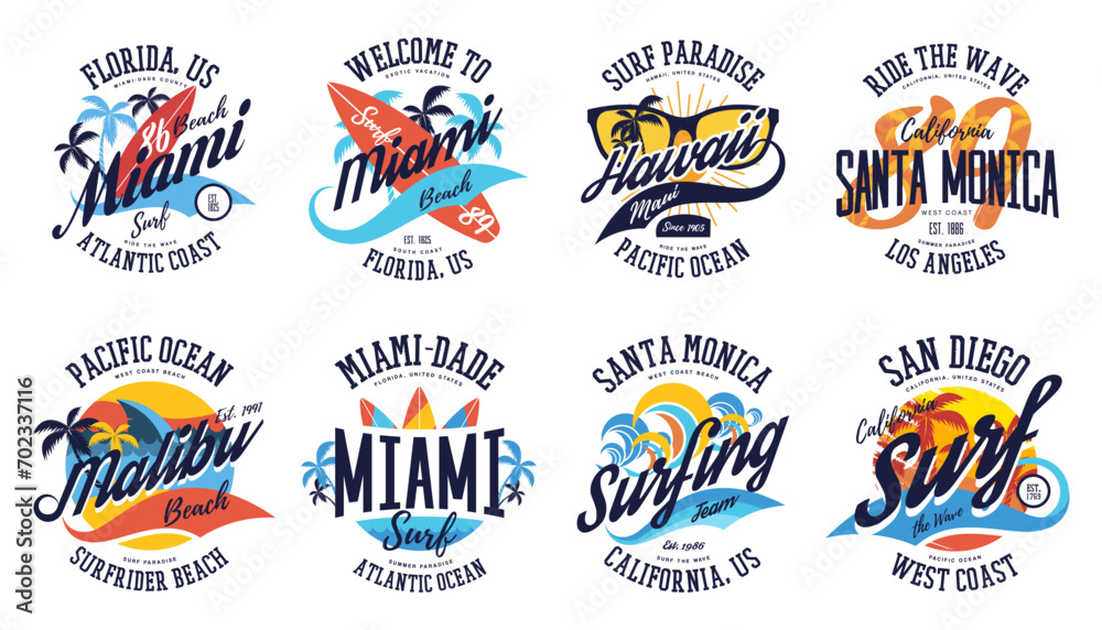 Set of isolated labels for ocean beach surf. Badge or logo for Miami ...