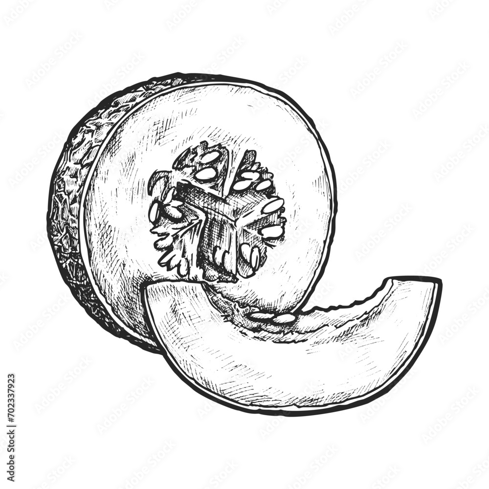Realistic hand drawn melon slice and fruit with seeds. Vector sketch of ...
