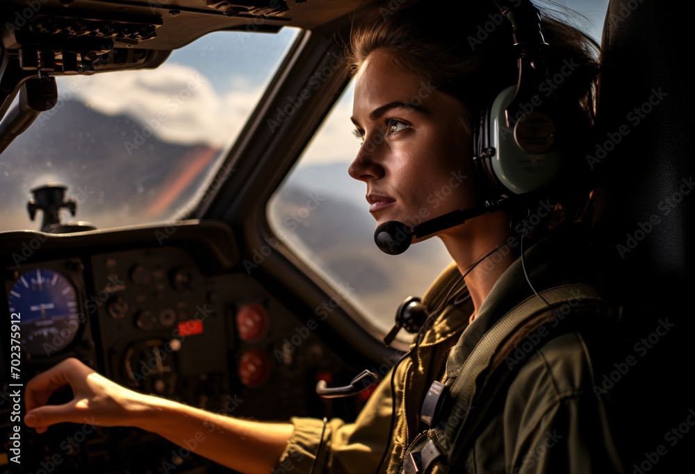 Side view of a military Hispanic woman pilot flying inside the cockpit ...