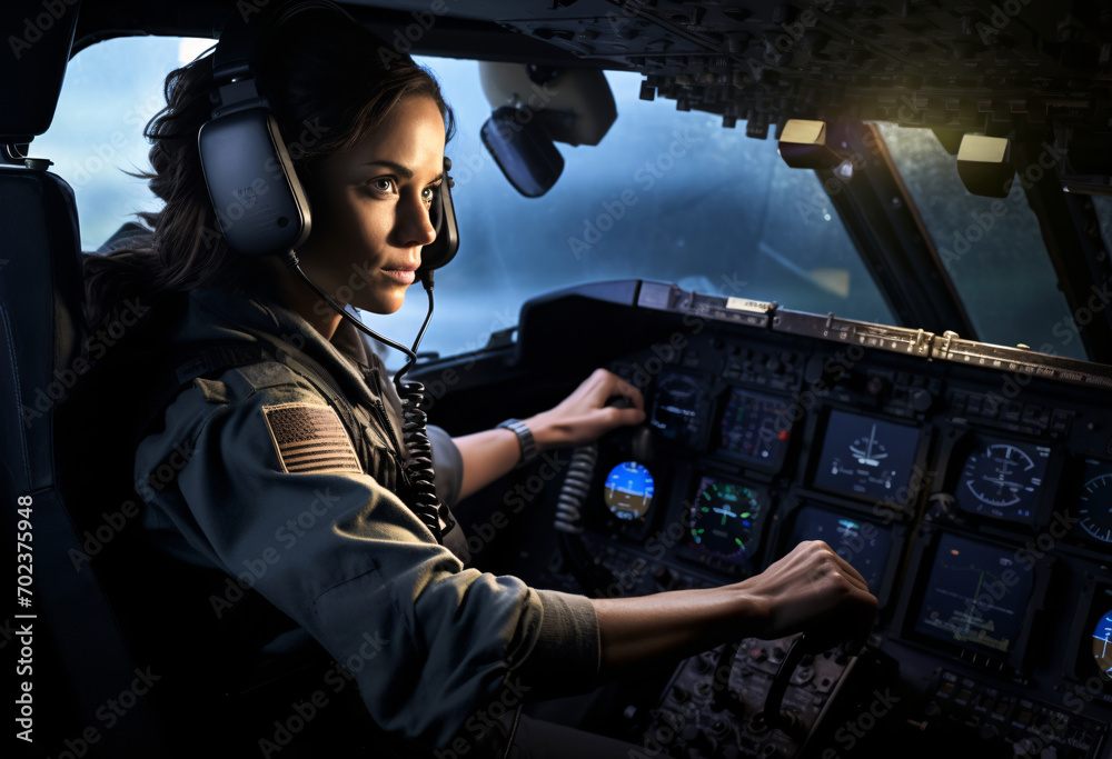 military woman pilot flying inside the cockpit of a jet over the sky ...