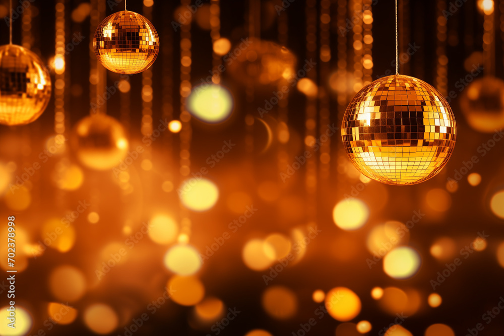 disco background with hanging disco balls in orange and gold lighting ...