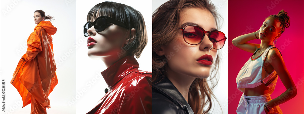 Four models in fashion poses wearing sunglasses. They wear dramatic ...