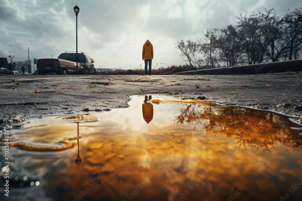 A photograph capturing the paradoxical reflection of a clear sky in a ...