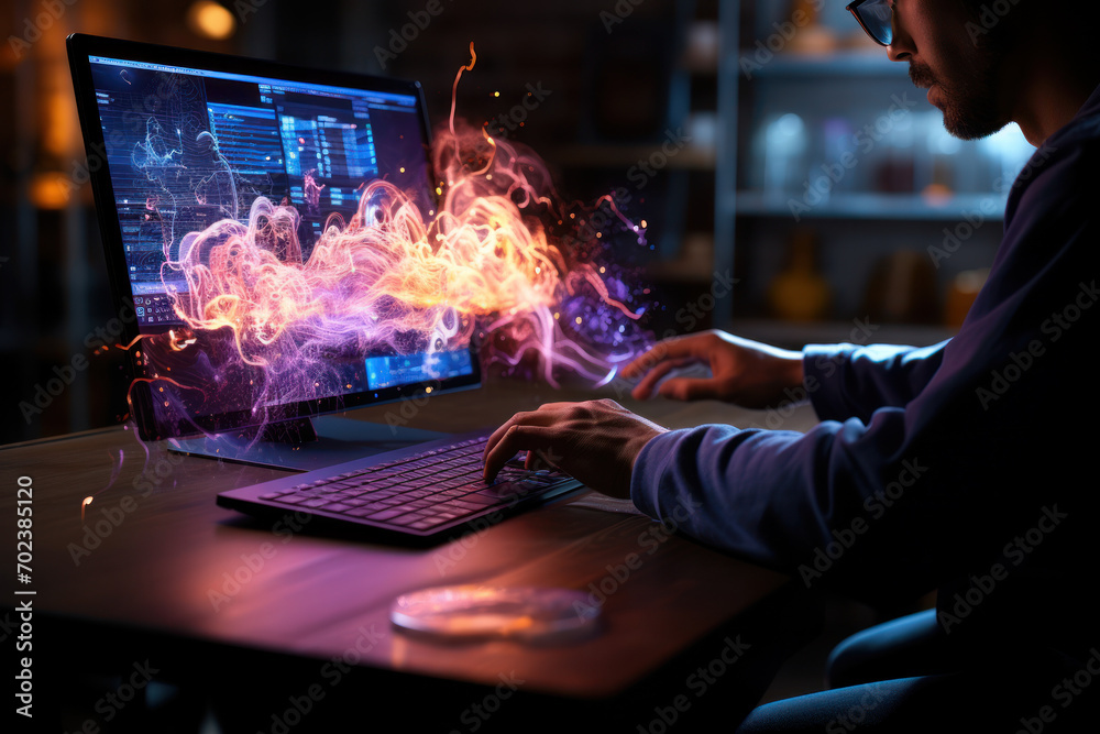 A computer programmer typing with lightning speed, illustrating the ...