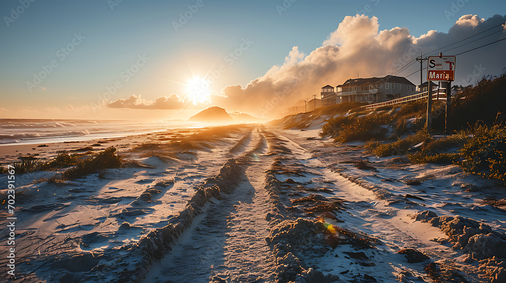 A sun rising on the horizon on a beach, facing the sea, where all you ...