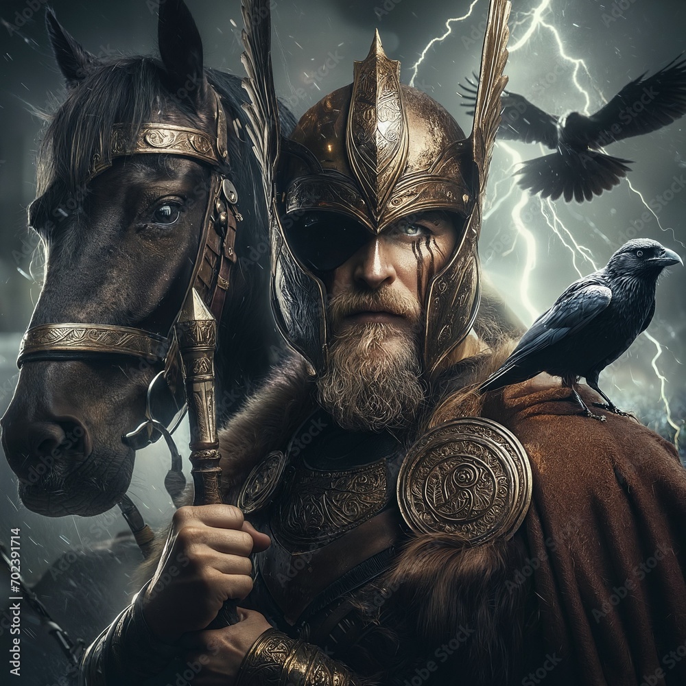 The great Nordic one-eyed god Odin with his ravens Hugin and Munin. God ...