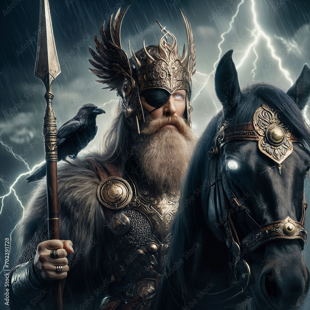 The great Nordic one-eyed god Odin with his ravens Hugin & Munin. God ...