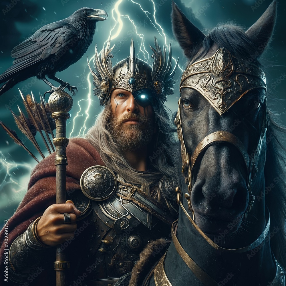 The great Nordic one-eyed god Odin with his ravens Hugin and Munin. God ...