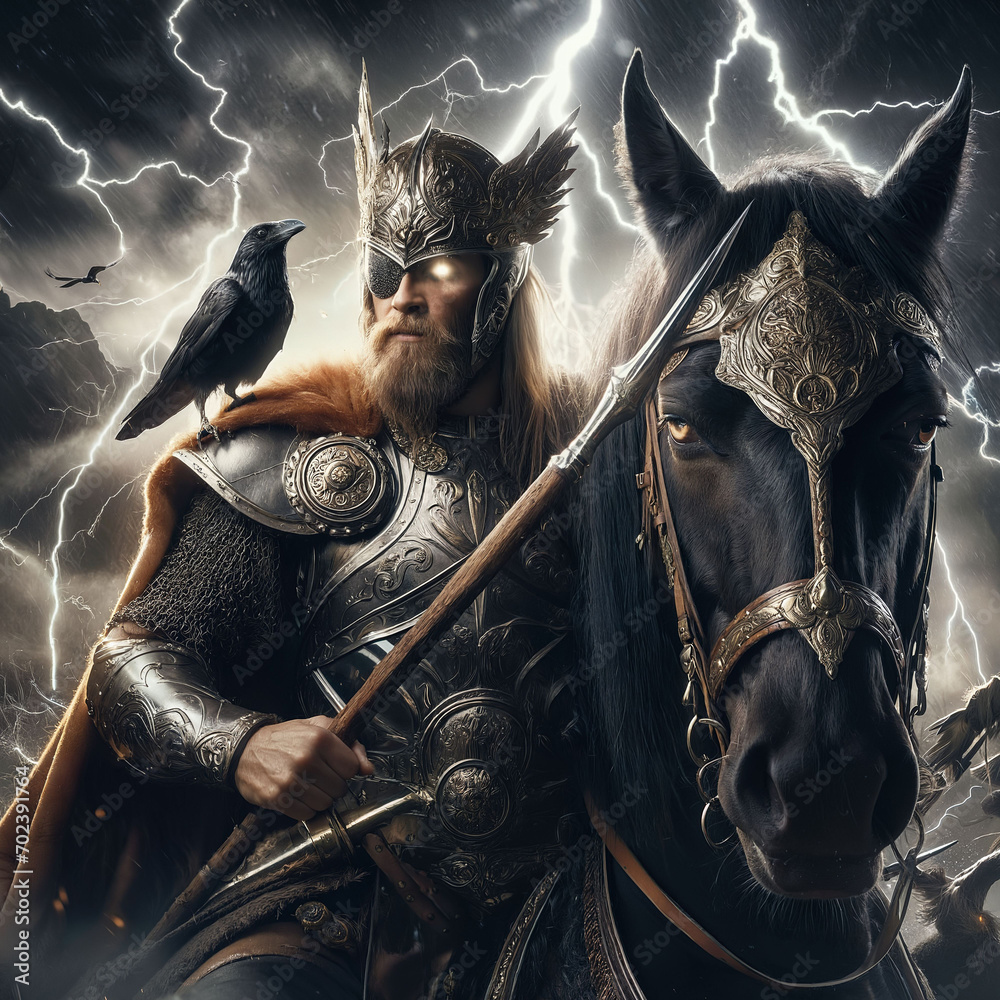 The great Nordic one-eyed god Odin with his ravens Hugin & Munin. God ...