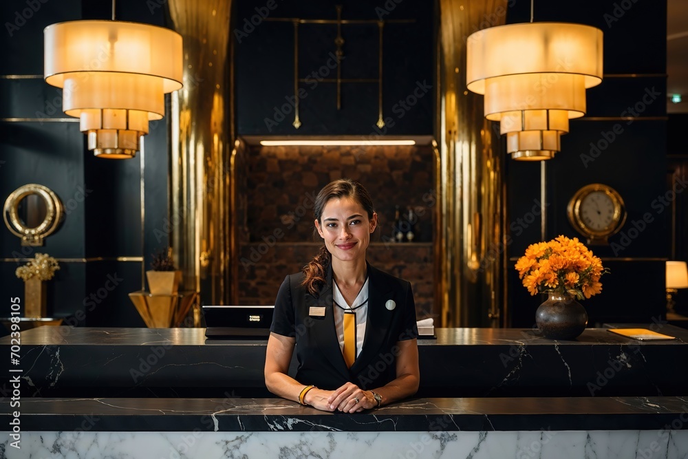 A young and smiling woman. A receptionist at a luxury hotel welcomes a ...