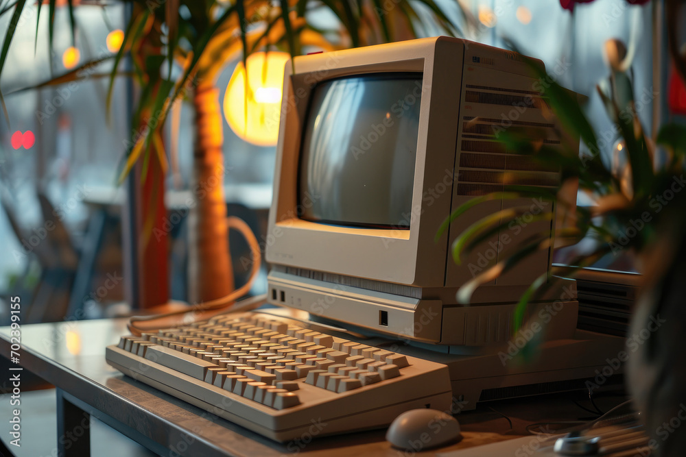 A dusty personal computer sits on a cluttered table, its outdated ...