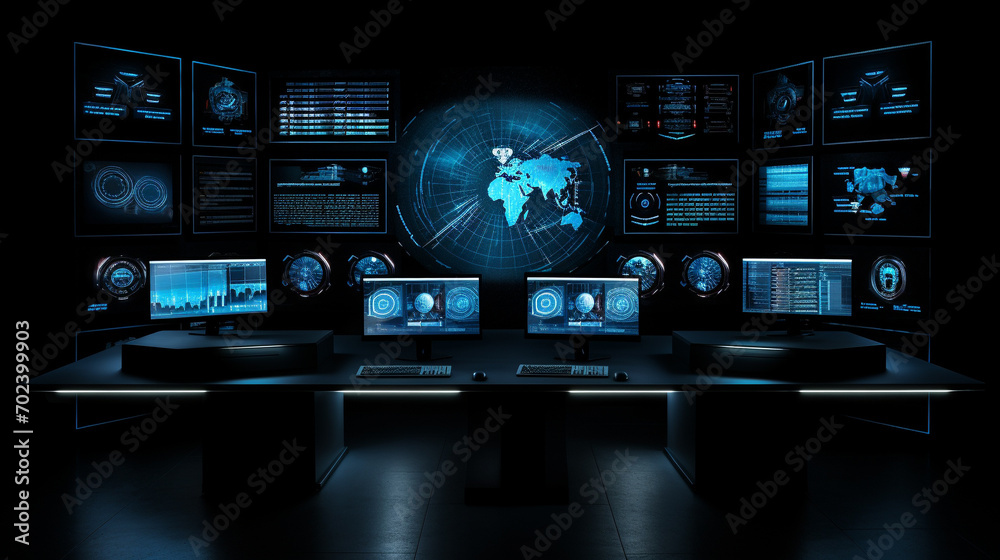 cybersecurity command center with multiple screens and digital data ...