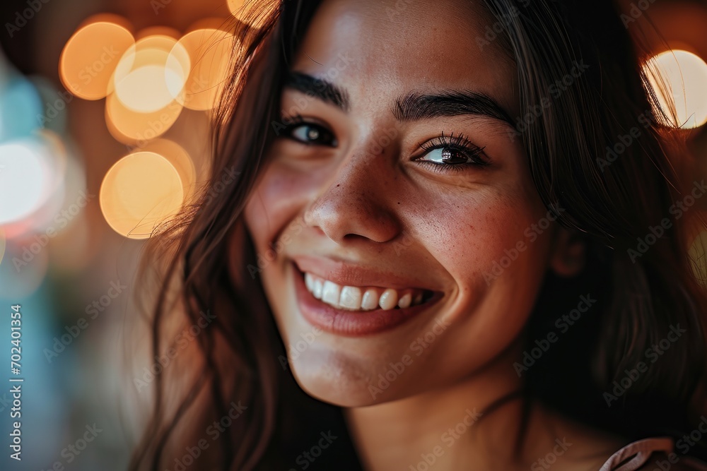 A radiant woman with a captivating smile and flawless skin gazes ...