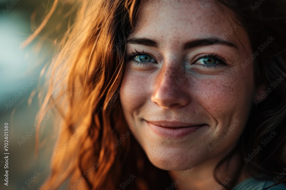 A captivating woman with a radiant smile and surfer hair gazes ...