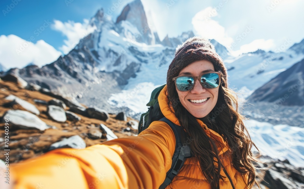 Everest Triumph: A smiling native woman with a backpack takes a selfie ...