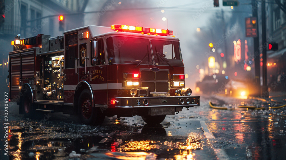 Fire Truck Arrival at Incident: A dramatic shot of a fire truck ...