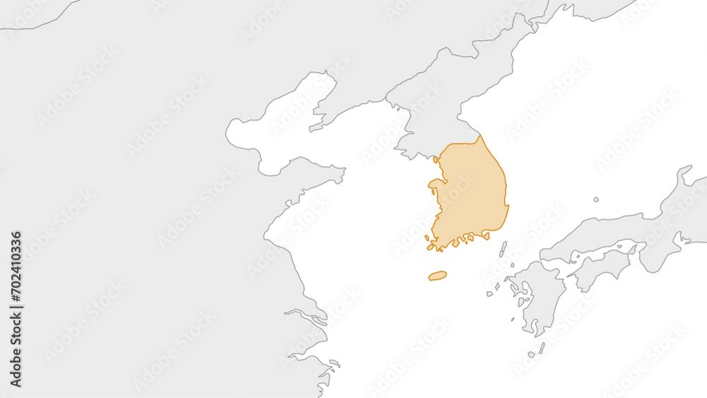 Animation of South Korea country map on the world map. Animation of map ...