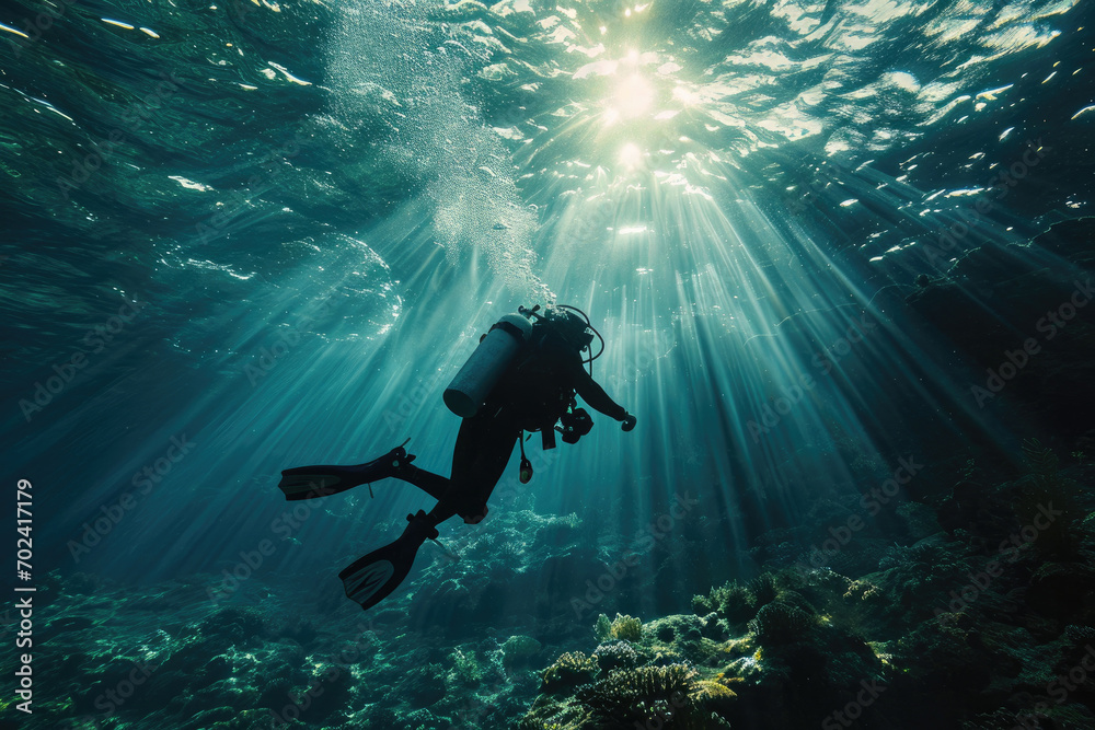 A daring diver explores the colorful depths of the ocean, surrounded by ...